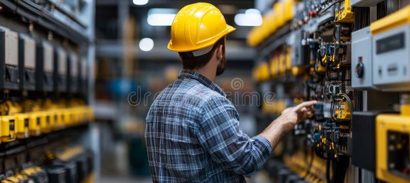 Industrial Technician Examining Electrical Control Panel at ...
