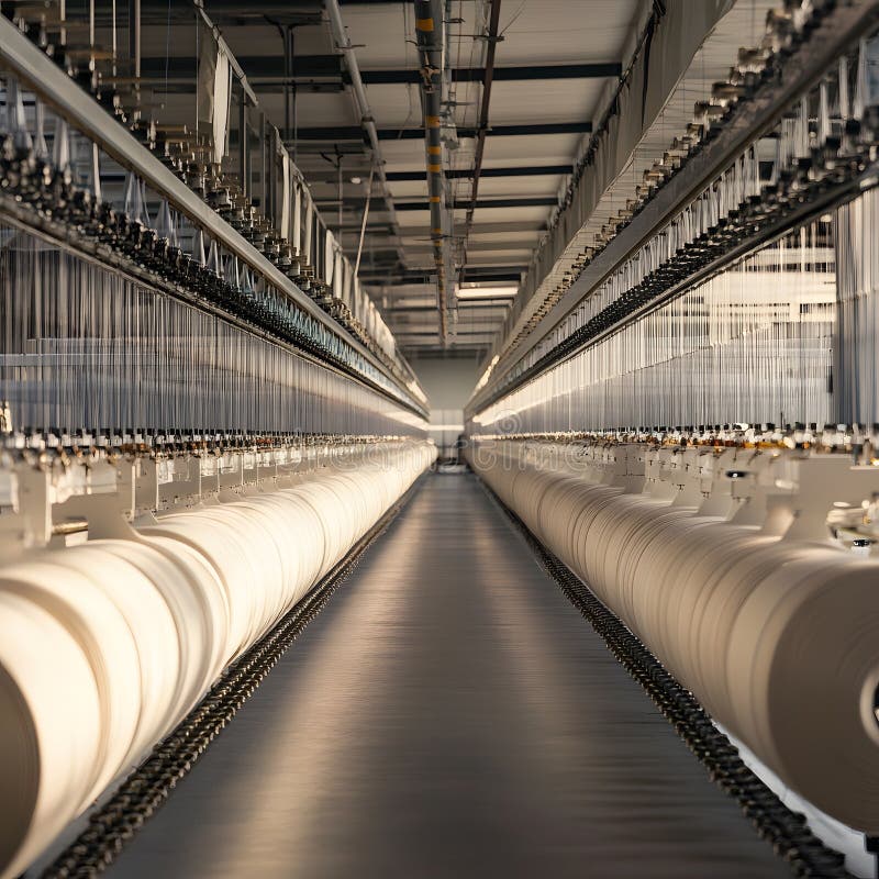 Industrial Textile Factory Interior Rows of Yarn Spools and Machinery ...