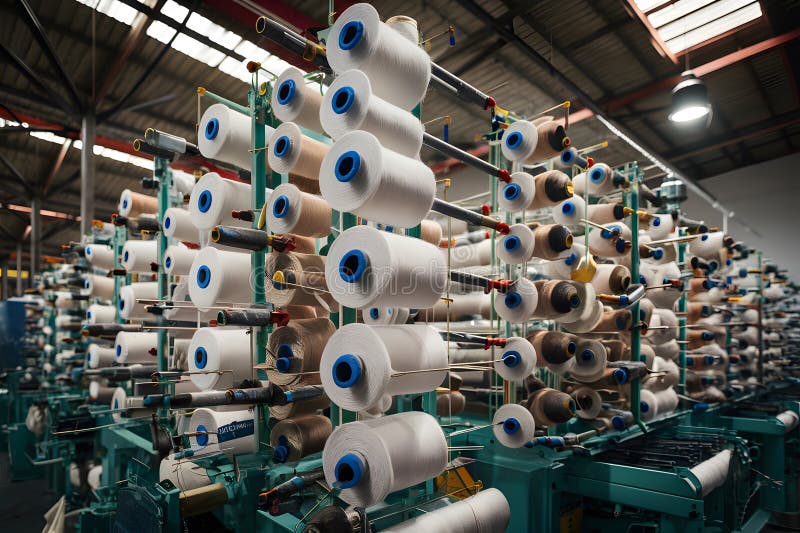 Industrial Textile Factory with White Thread Spools on Machines in ...