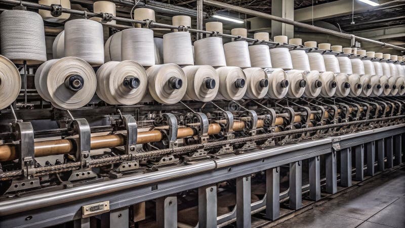 Industrial Textile Machine Close-up, White Yarn, Spinning Process Stock ...