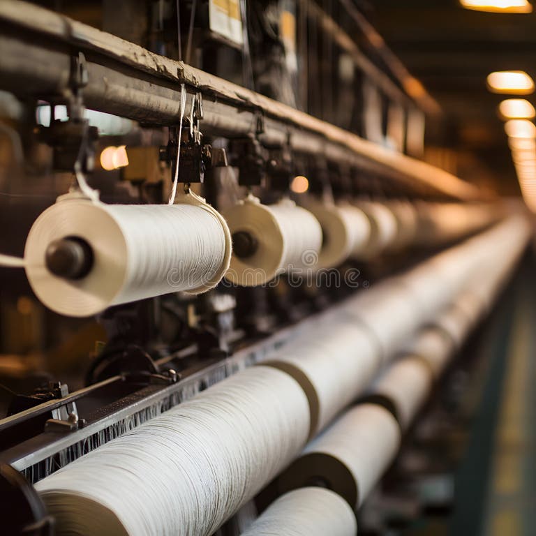 Industrial Textile Manufacturing Close Up of White Thread Spools on ...