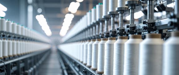Industrial Textile Production Line with Spools of Thread and Light ...