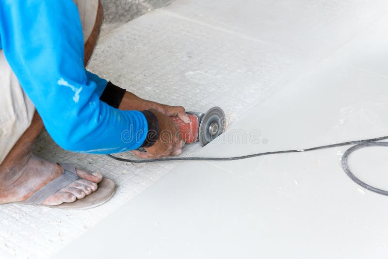 Industrial Tiler Builder Worker Working with Floor Tile Cutting ...