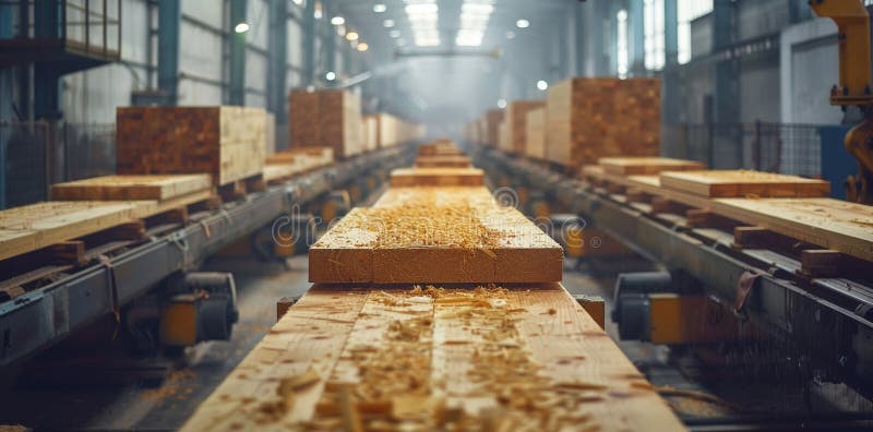 Industrial Timber Processing with Wood Planks on Conveyor Stock ...