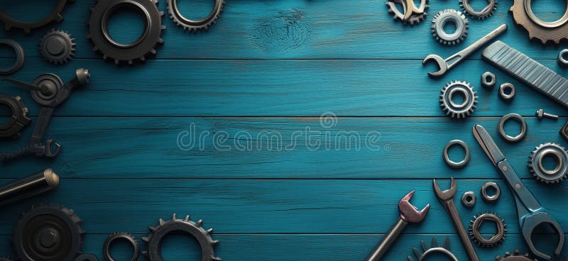 Industrial Tools and Gears Arranged on Blue Wooden Background for ...