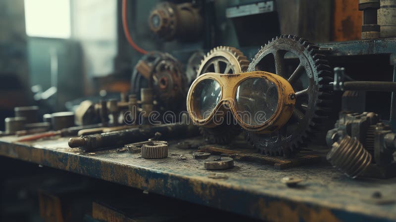 Industrial Tools and Gears with Safety Goggles on a Workbench in a ...