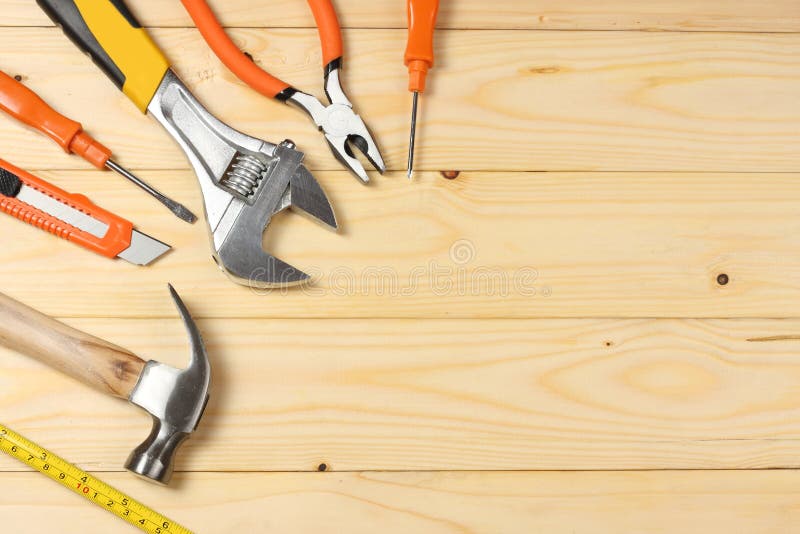 Industrial Tools on Light Wooden Background with Copy Space. Top View ...