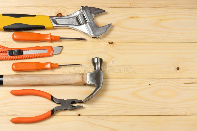 Industrial Tools on Liht Wooden Background with Copy Space. Top View ...