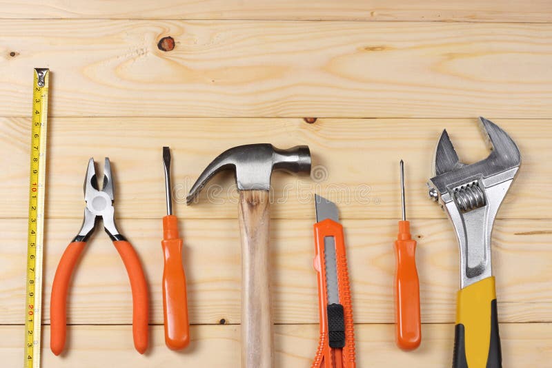 Industrial Tools on Light Wooden Background with Copy Space. Top View ...