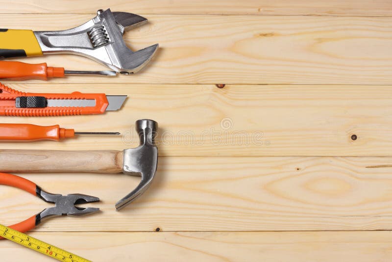 Industrial Tools on Light Wooden Background with Copy Space. Top View ...