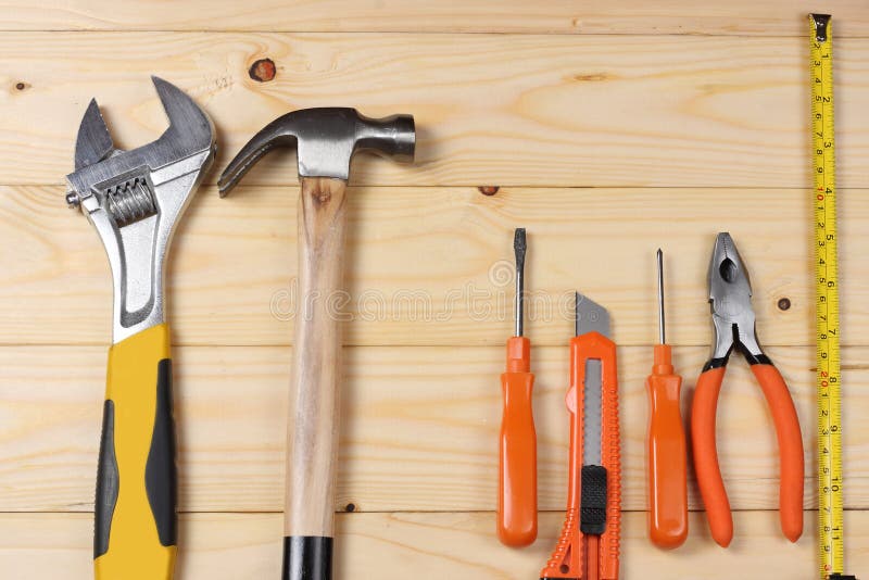 Industrial Tools on Light Wooden Background with Copy Space. Top View ...