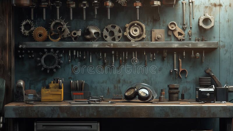 Industrial Tools on a Workspace Wall Featuring Gears, Safety Goggles ...
