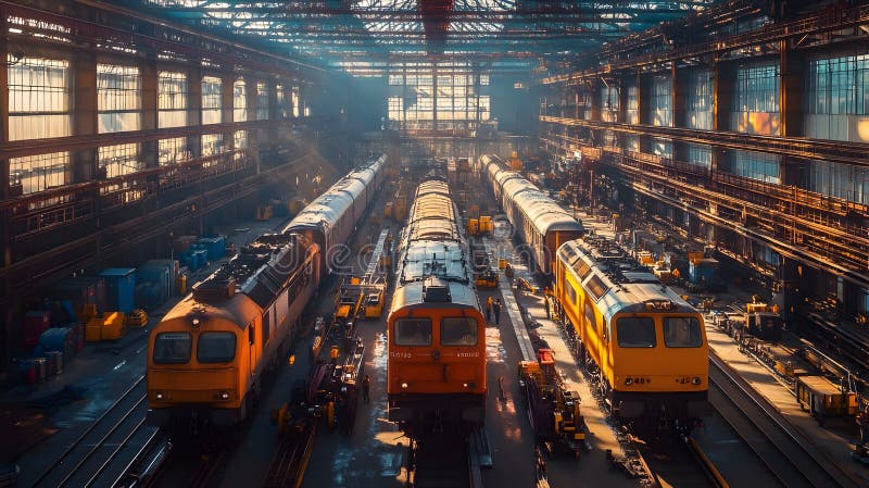 Industrial Train Depot Interior with Trains and Machinery in Morning ...