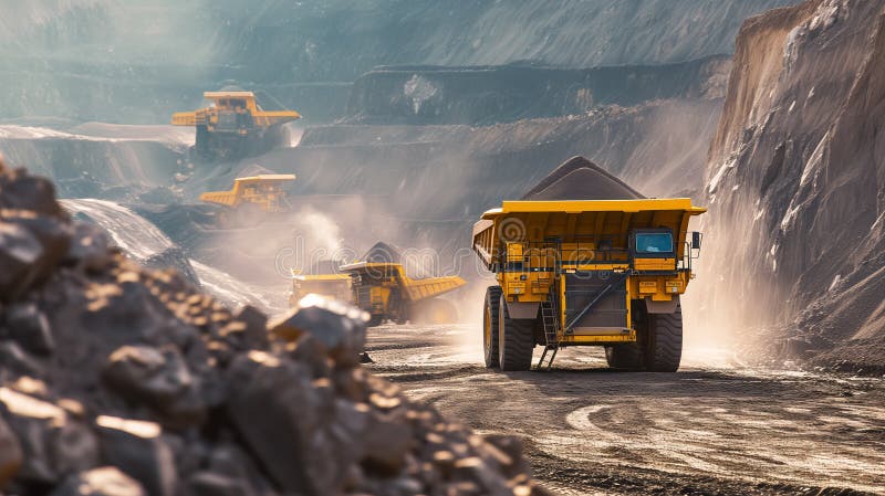 Industrial Trucks at Work in a Dusty Mine Stock Illustration ...