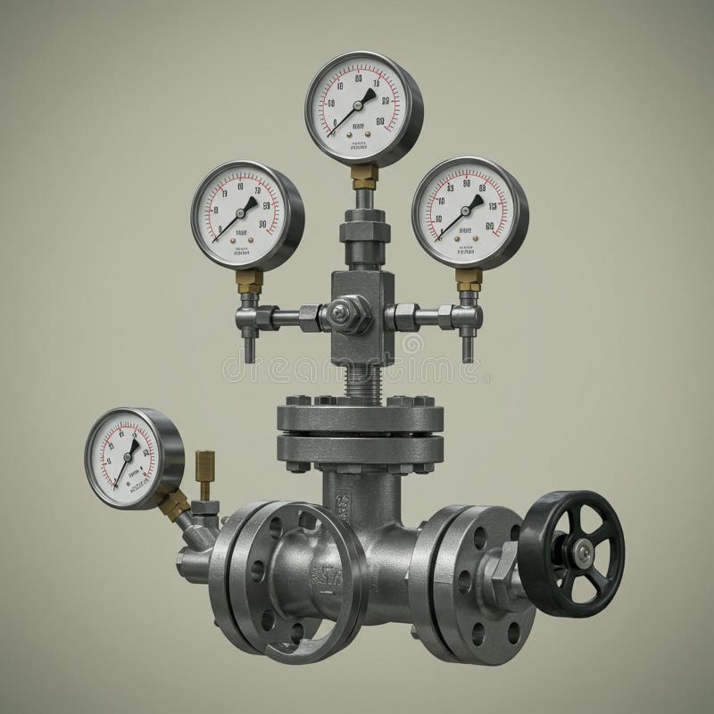 Industrial Valve Assembly with Three Pressure Gauges. the Metallic ...