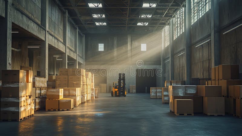 Industrial Warehouse with Boxes, Freight, and Forklifts for Logistics ...