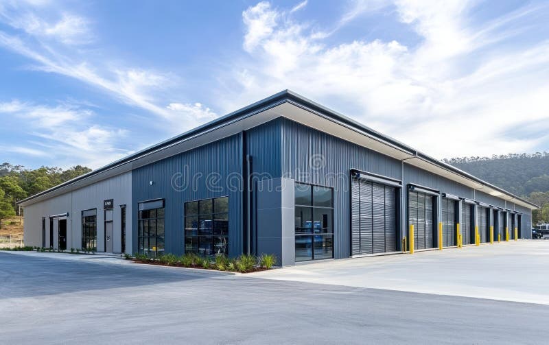 Industrial Warehouse Building with Large Windows and Rolling Doors ...