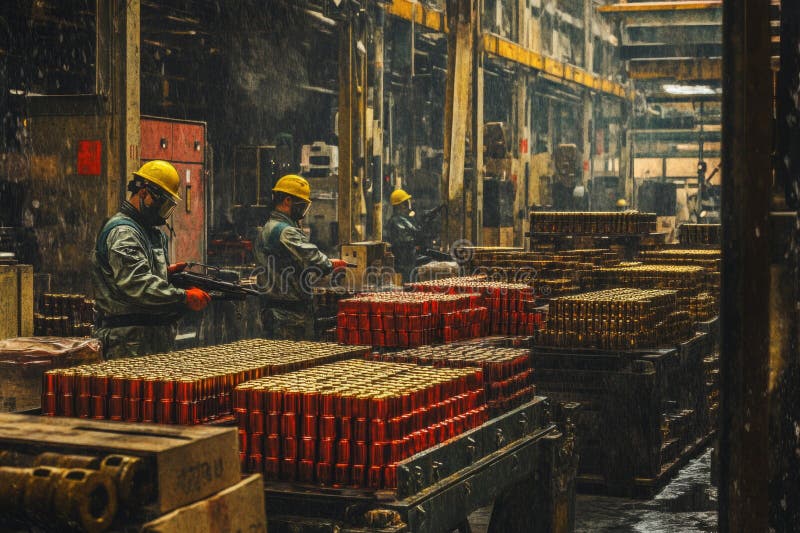 Busy Workers in a Large Industrial Warehouse with Stacks of Products ...