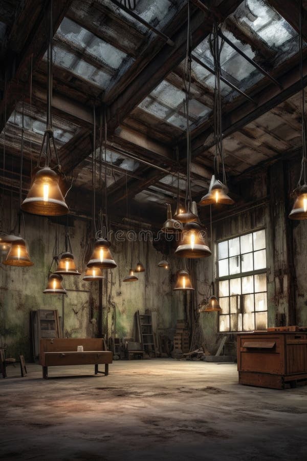 Industrial Warehouse Ceiling with Hanging Lights Stock Illustration ...