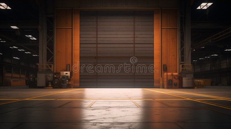 Industrial Warehouse with Closed Metal Gate and Soft Light Reflection ...