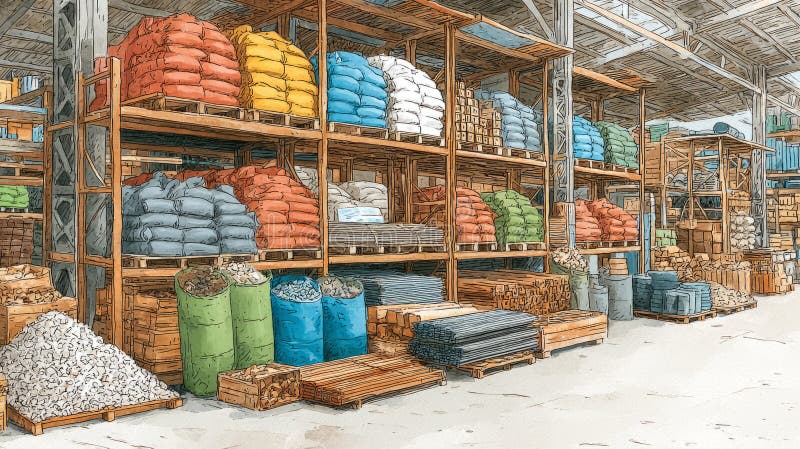 Industrial Warehouse with Colorful Bagged Goods on Pallets Stock Photo ...