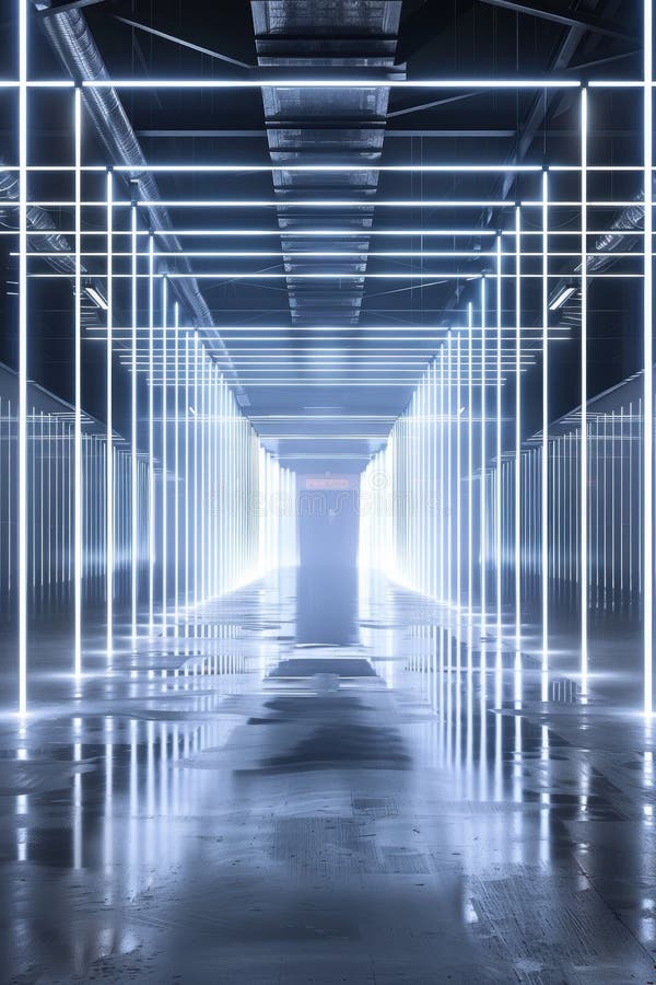 Industrial Warehouse with Empty Shelving Units and Overhead LED ...