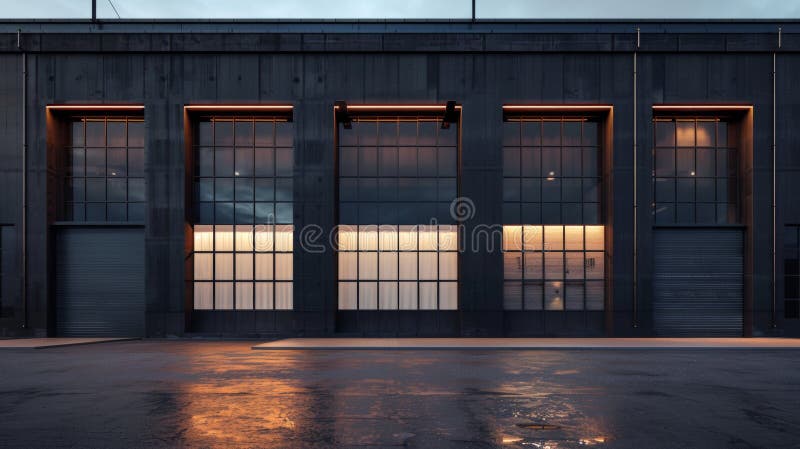 Industrial Warehouse Exterior with Illuminated Windows at Dusk Stock ...