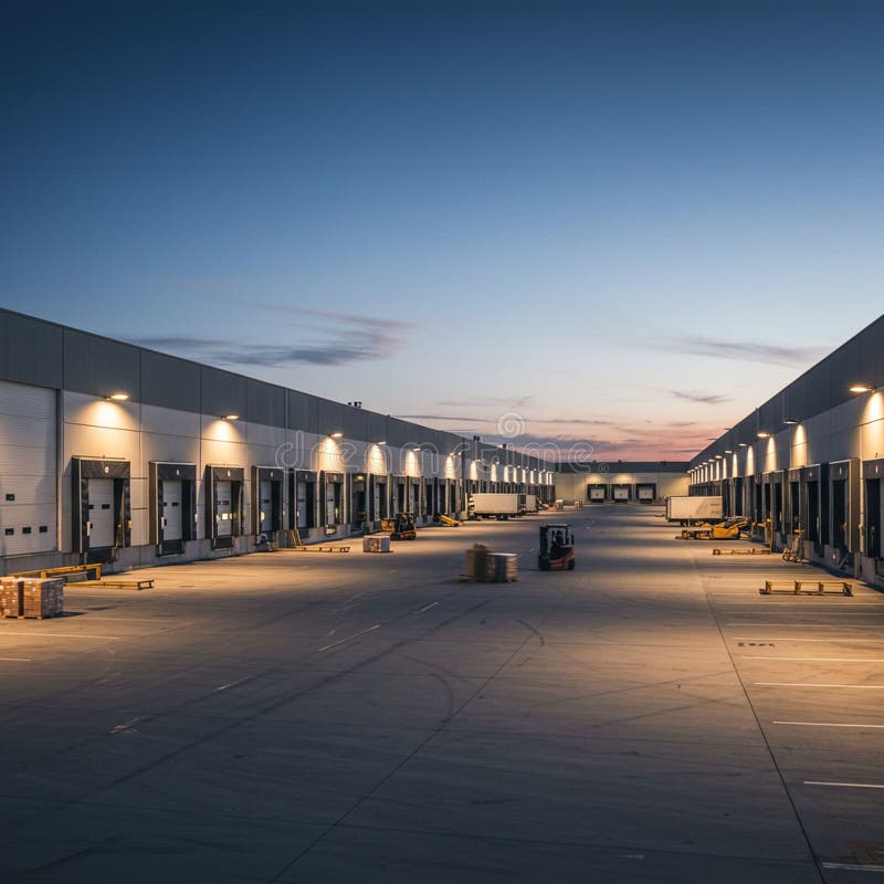 Industrial Warehouse Facility at Dusk with Loading Docks Lining Both ...