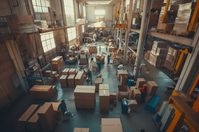 Industrial Warehouse Featuring Large Boxes and Workers Engaged in ...