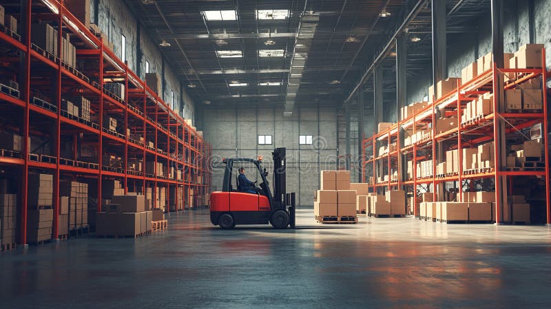 Industrial Warehouse with Forklift Loading Cargo, Inventory Shelving ...