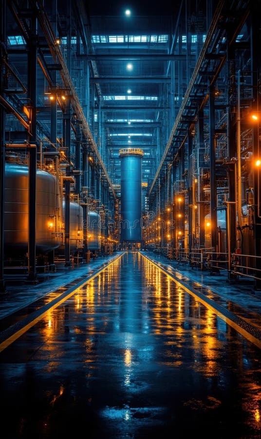 Industrial Warehouse with Glowing Lights and Reflective Surfaces at ...