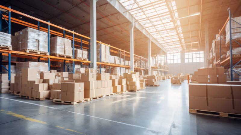 Industrial Warehouse with High Shelves and Organized Boxes. Concept of ...