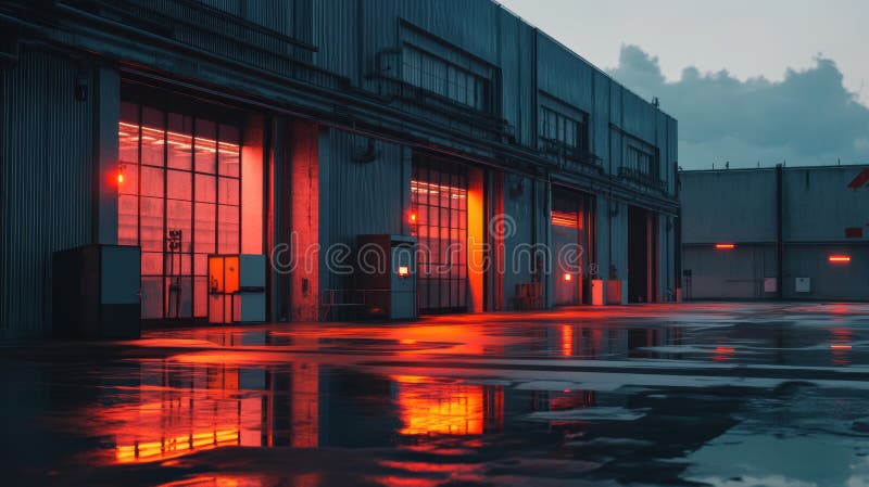 Industrial Warehouse Illuminated with Red Lights and Water Reflections ...