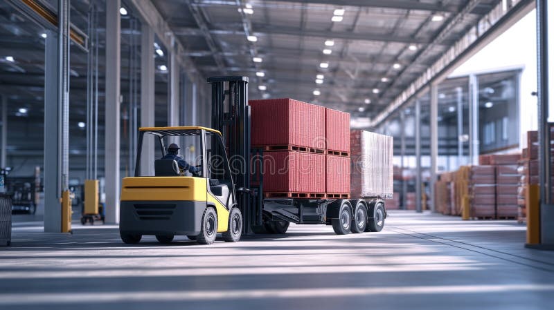 Industrial Warehouse Interior Featuring a Forklift Transporting Red ...