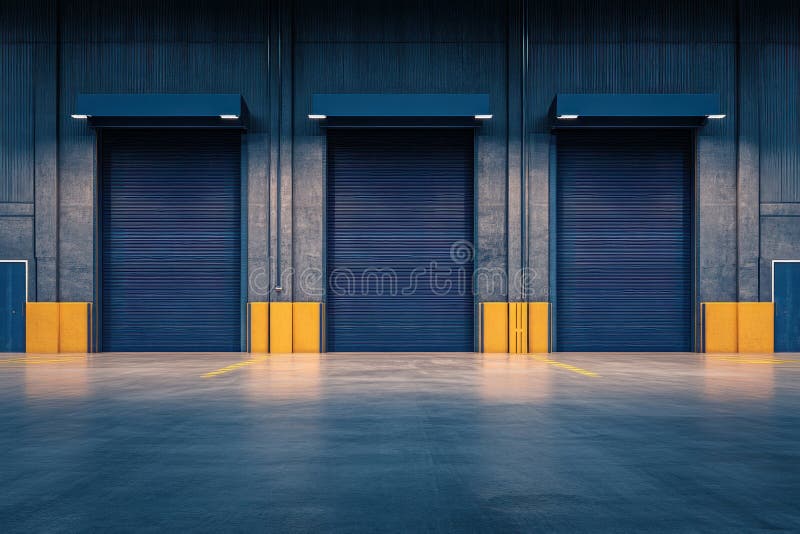 Industrial Warehouse Interior Featuring Three Large Dark Blue Roller ...