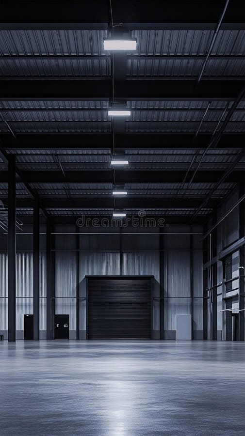 An Industrial Warehouse Interior with a High Ceiling and Roll-up Door ...