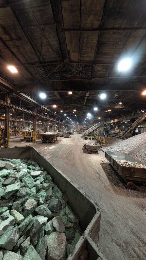 Industrial Warehouse Interior with Mining Equipment and Raw Materials ...