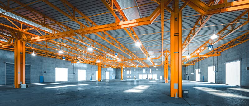 Industrial Warehouse Interior with Orange Steel Beams Stock ...