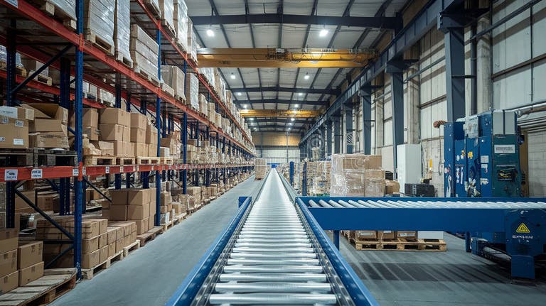Industrial Warehouse Interior with Packed Shelves and a Conveyor Belt ...