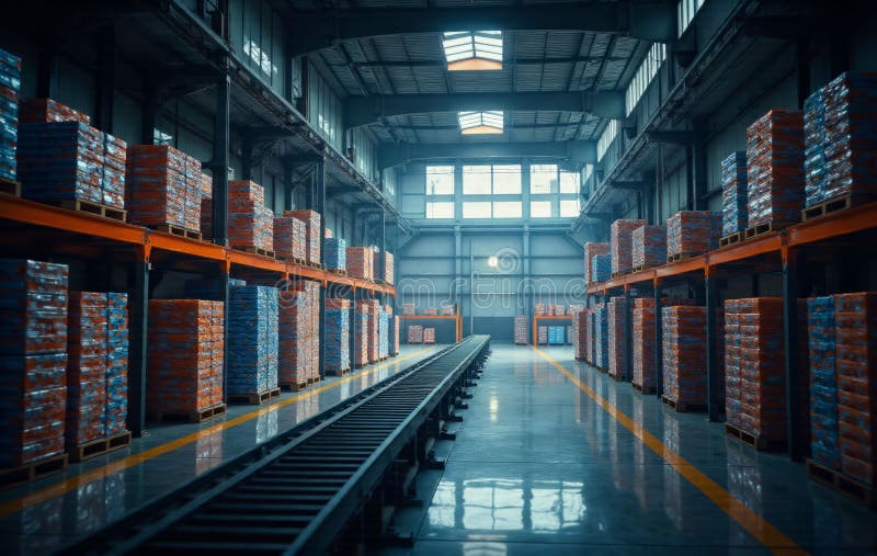 Industrial Warehouse Interior with Pallets and Conveyor. Stock ...