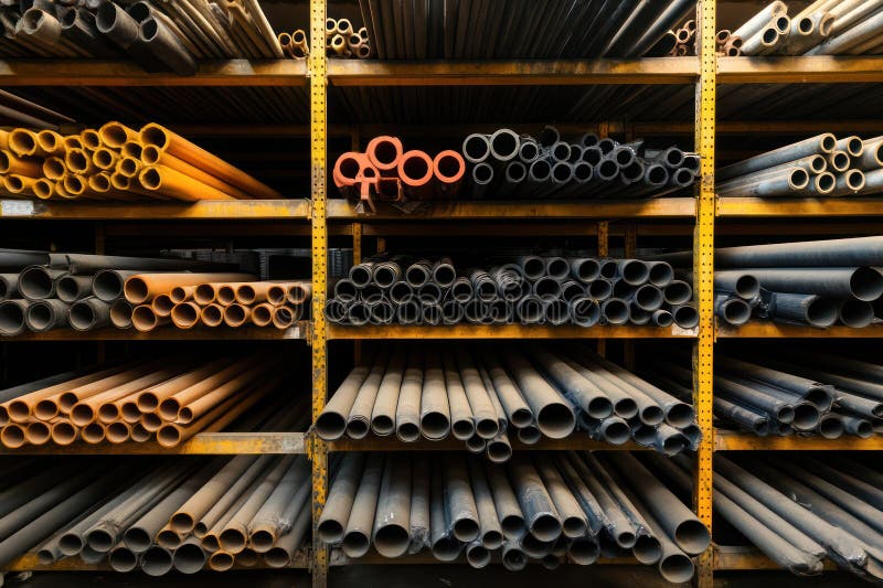 Industrial Warehouse Interior with Plastic Pipe Storage Stock Image ...