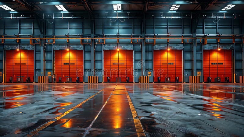 An Industrial Warehouse Interior Showcasing Reflections and Warm ...