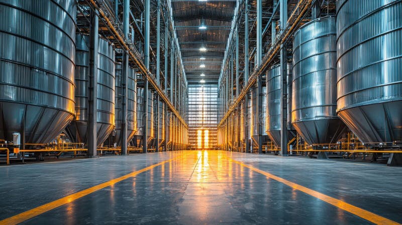 Industrial Warehouse Interior with Silos and Bright Lighting Effect ...