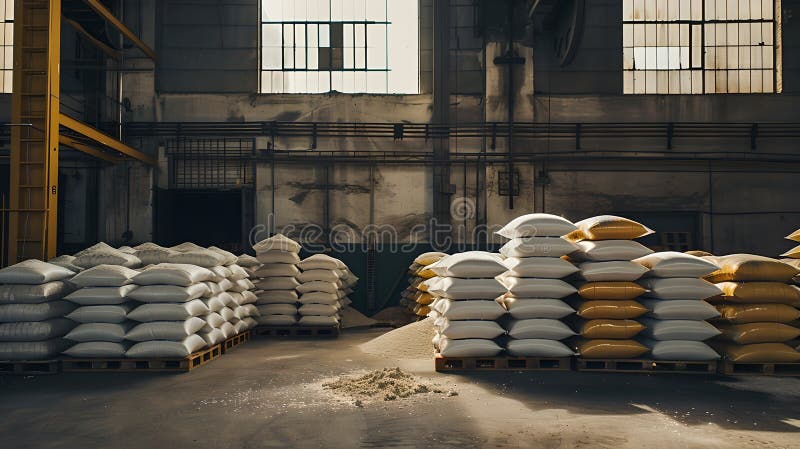 Industrial Warehouse Interior with Stacked Sacks. Raw Materials Storage ...