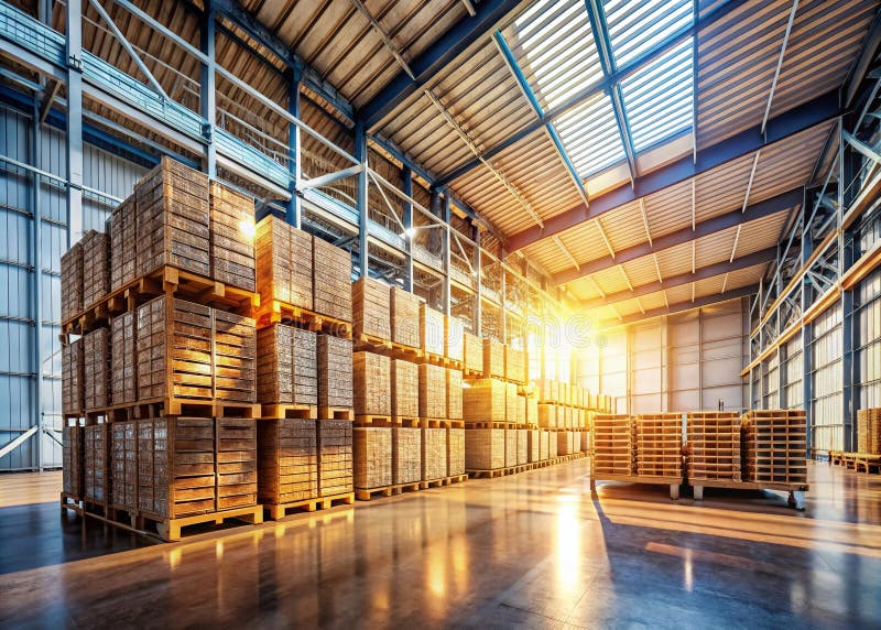 Industrial Warehouse Interior Sunlit Pallets on Shelving Showcase ...