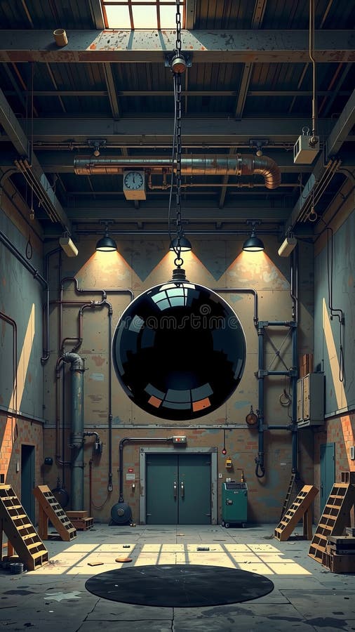 Industrial Warehouse with Large Hanging Sphere and Dramatic Lighting ...