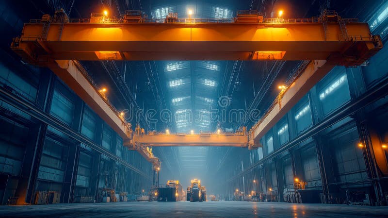Industrial Warehouse with Large Overhead Cranes, Blue Lighting, and ...