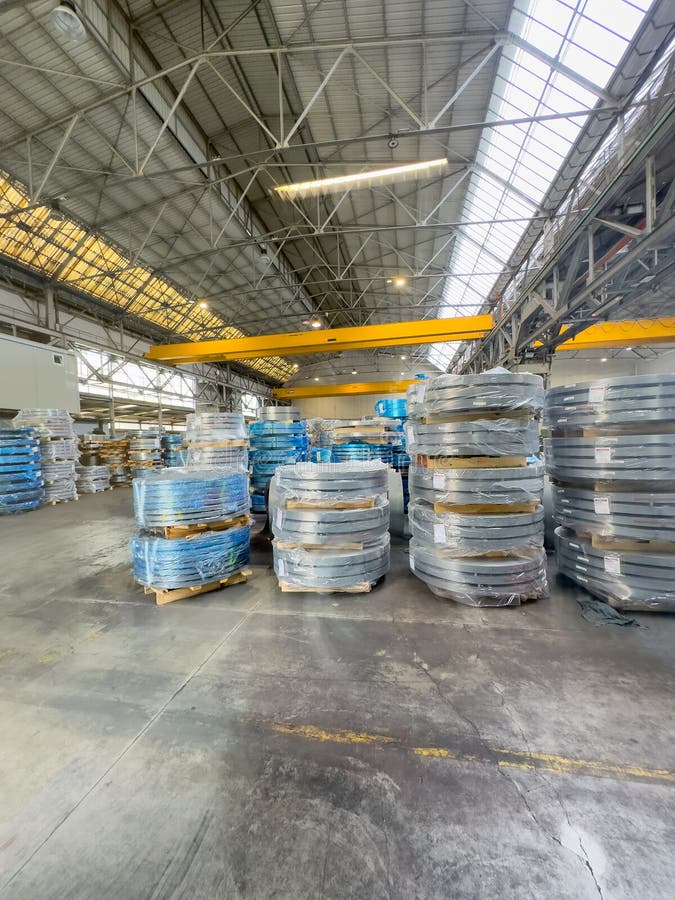 Industrial Warehouse with Metal Coils Stock Photo - Image of plate ...