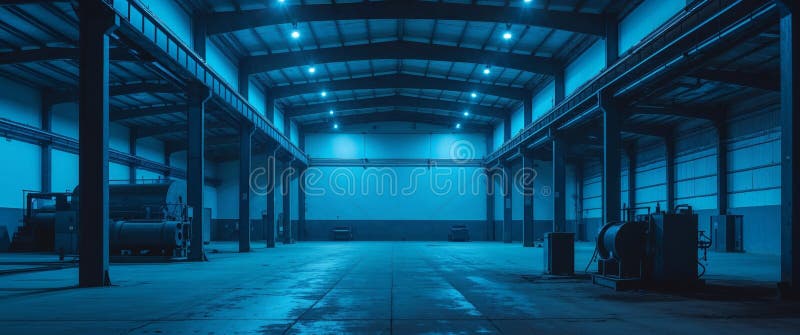 Industrial Warehouse at Night with Blue Lighting Stock Photo - Image of ...