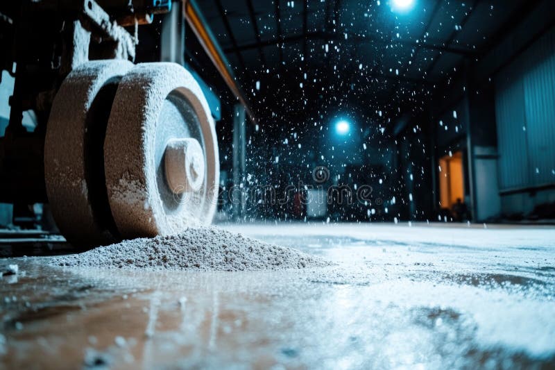 Industrial Warehouse at Night with Heavy Machinery and Falling Dust ...